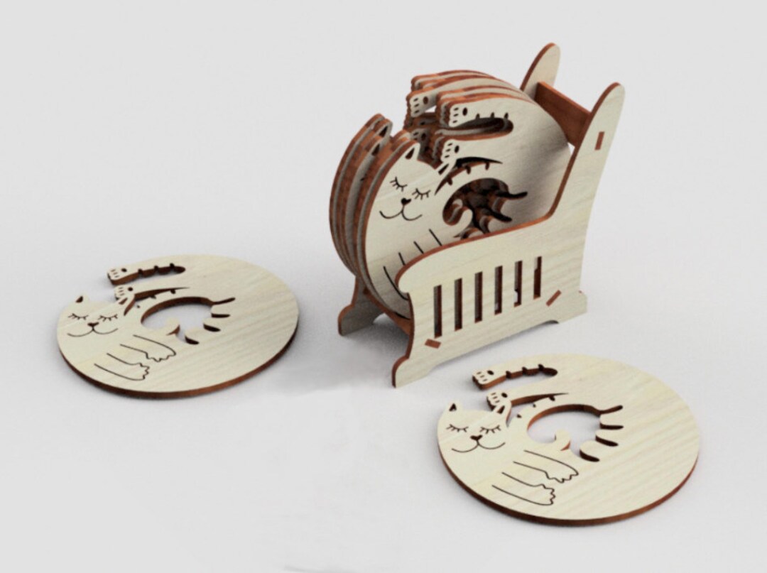 Laser Cut Cat Coasters With Engraving, Including Box in the Shape of an ...