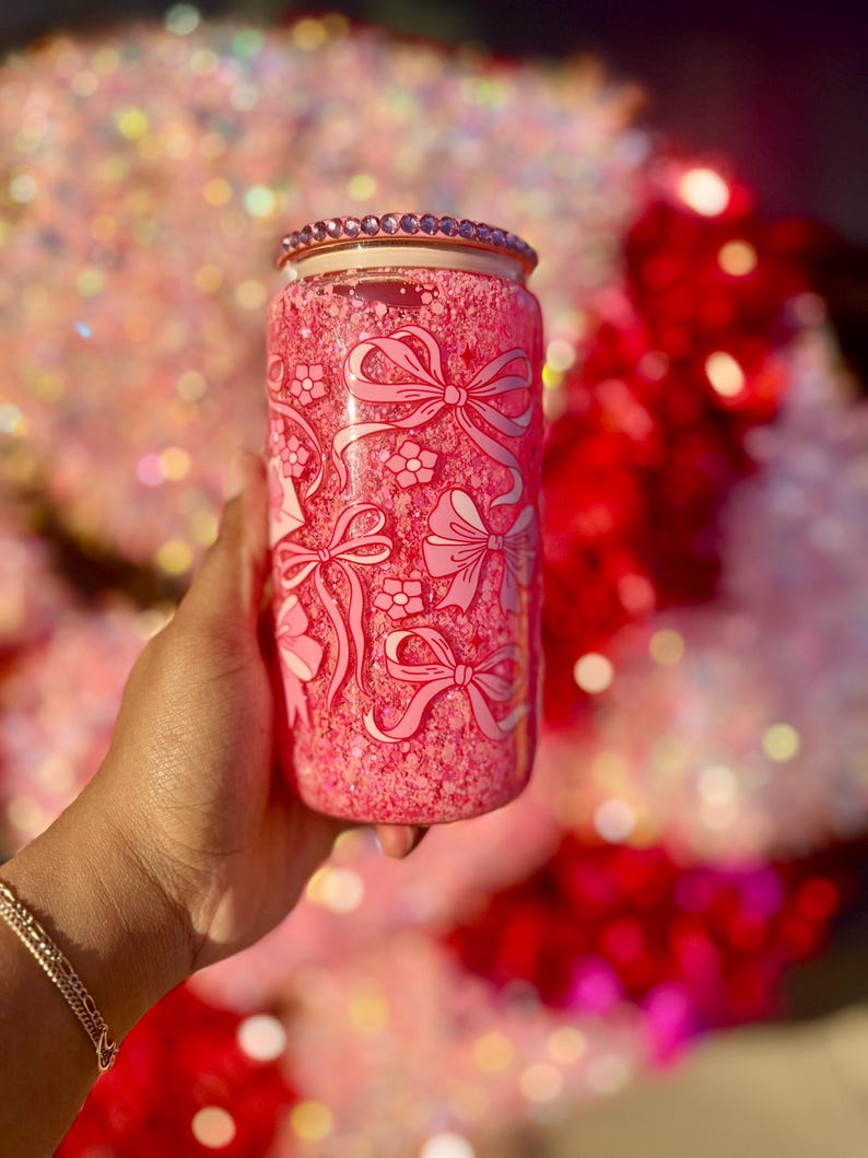 Pink Coquette Bow Glitter Snow Globe Tumbler, Girly Ribbon Glass Can ...