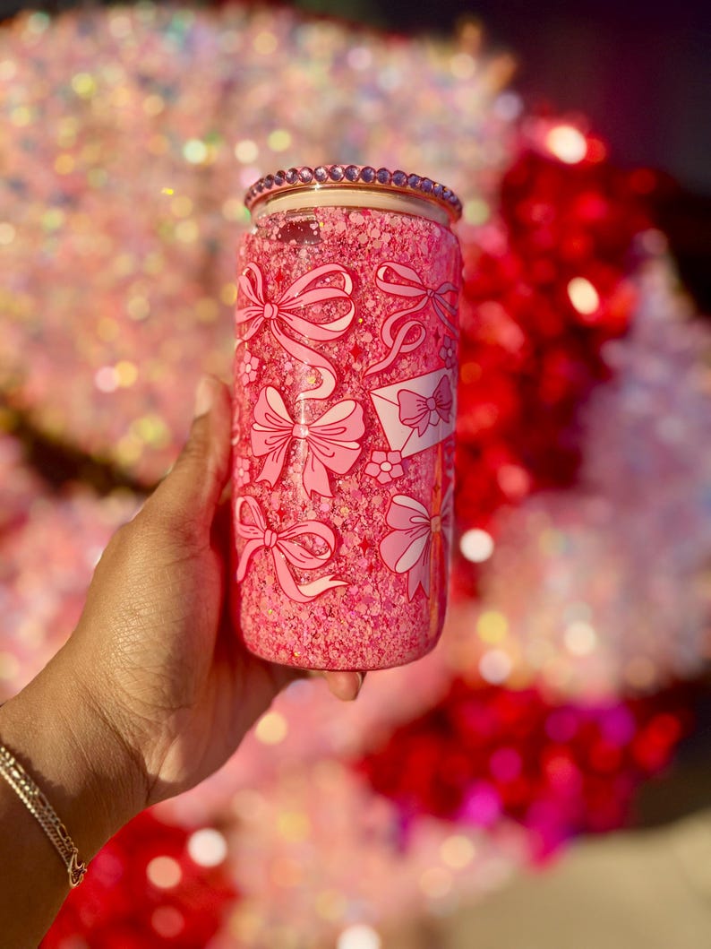 Pink Coquette Bow Glitter Snow Globe Tumbler, Girly Ribbon Glass Can ...