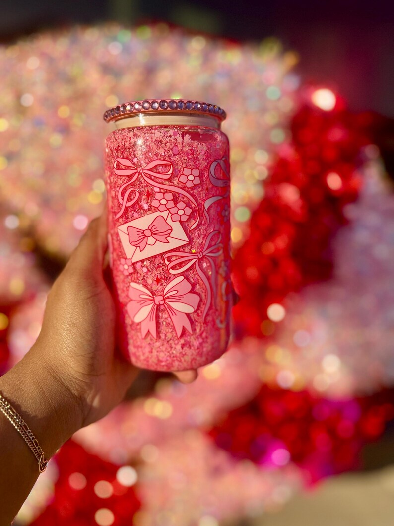Pink Coquette Bow Glitter Snow Globe Tumbler, Girly Ribbon Glass Can ...