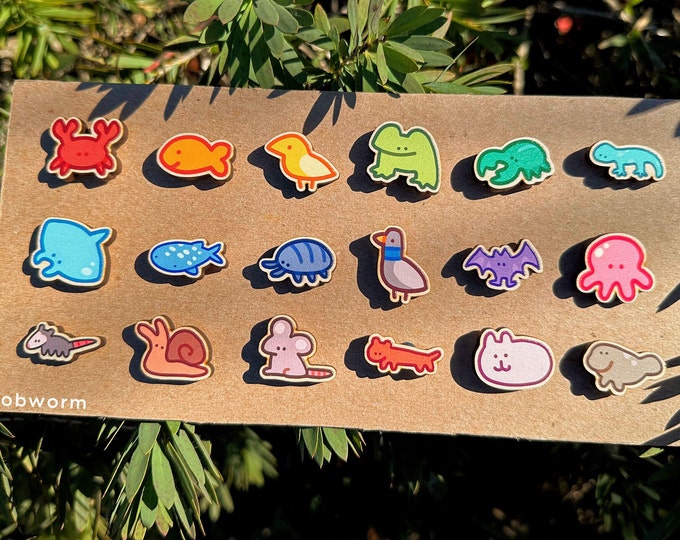 Wooden Animal Pins | Cute Creature Badges Funny Cartoon Gifts Set - Etsy