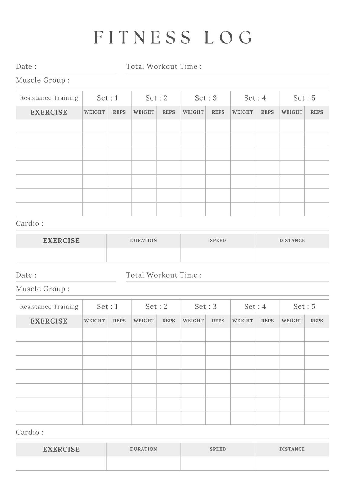 Editable Workout Log Sheet, Simple Black & White Design, Daily Fitness ...