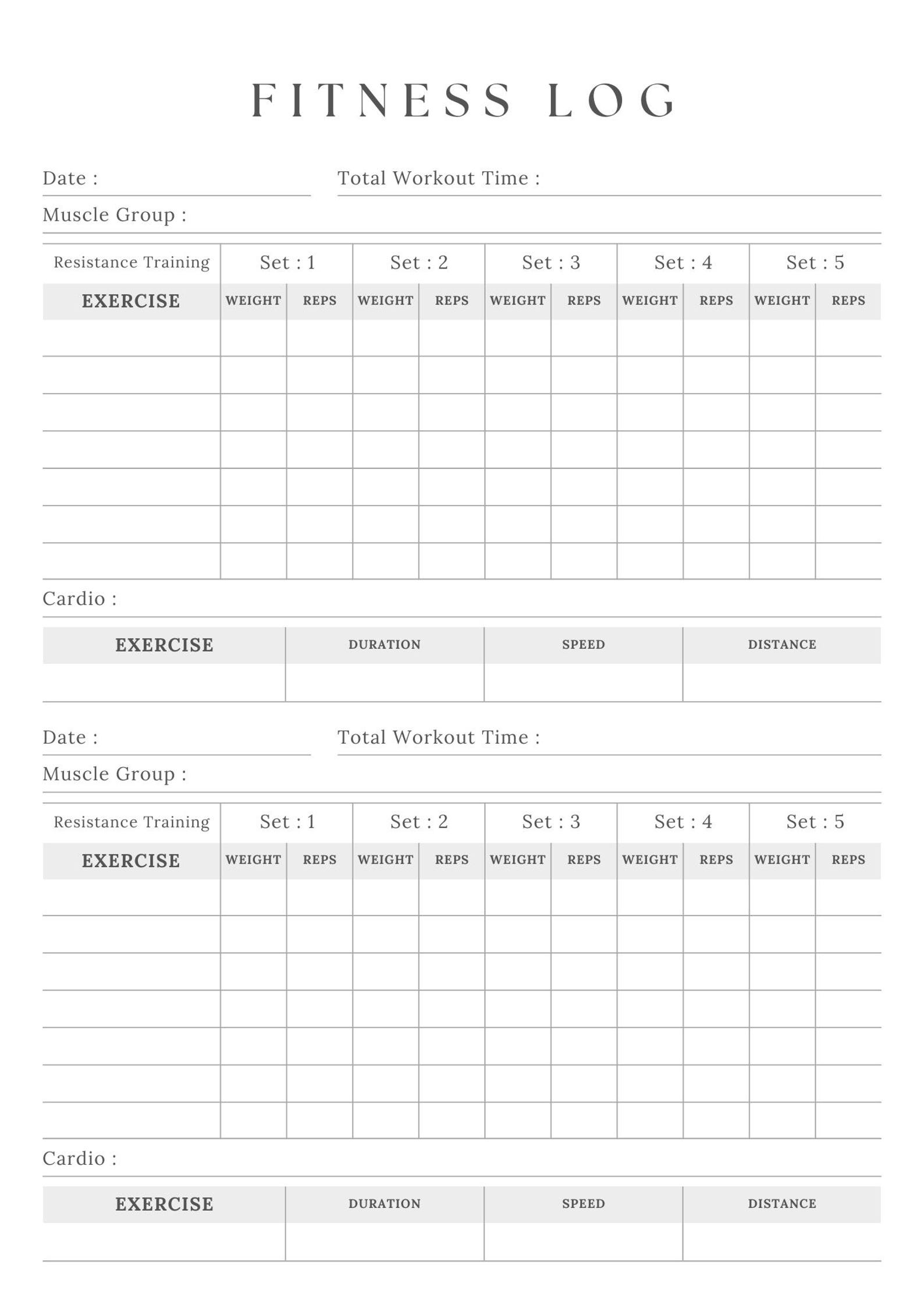 Editable Workout Log Sheet, Simple Black & White Design, Daily Fitness ...
