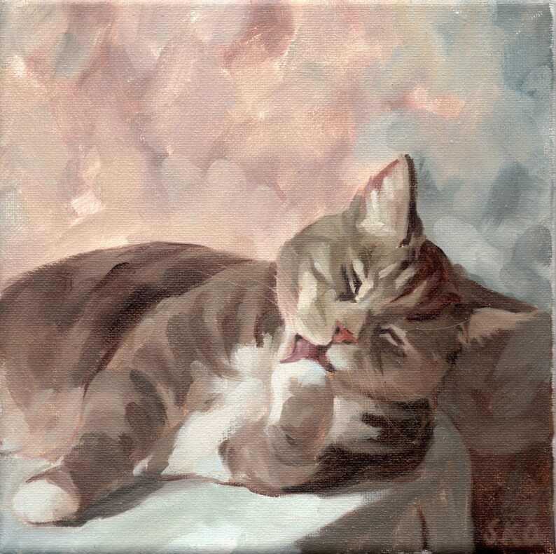 Cat Original Oil Painting on Canvas Hand Painted 20x20cm Tabby Cat Cat ...