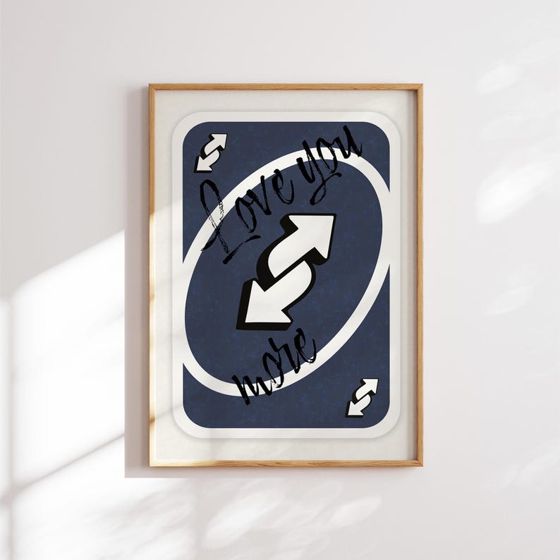 Love You More Print Navy Blue Retro Wall Art Printable Playing Uno Card ...