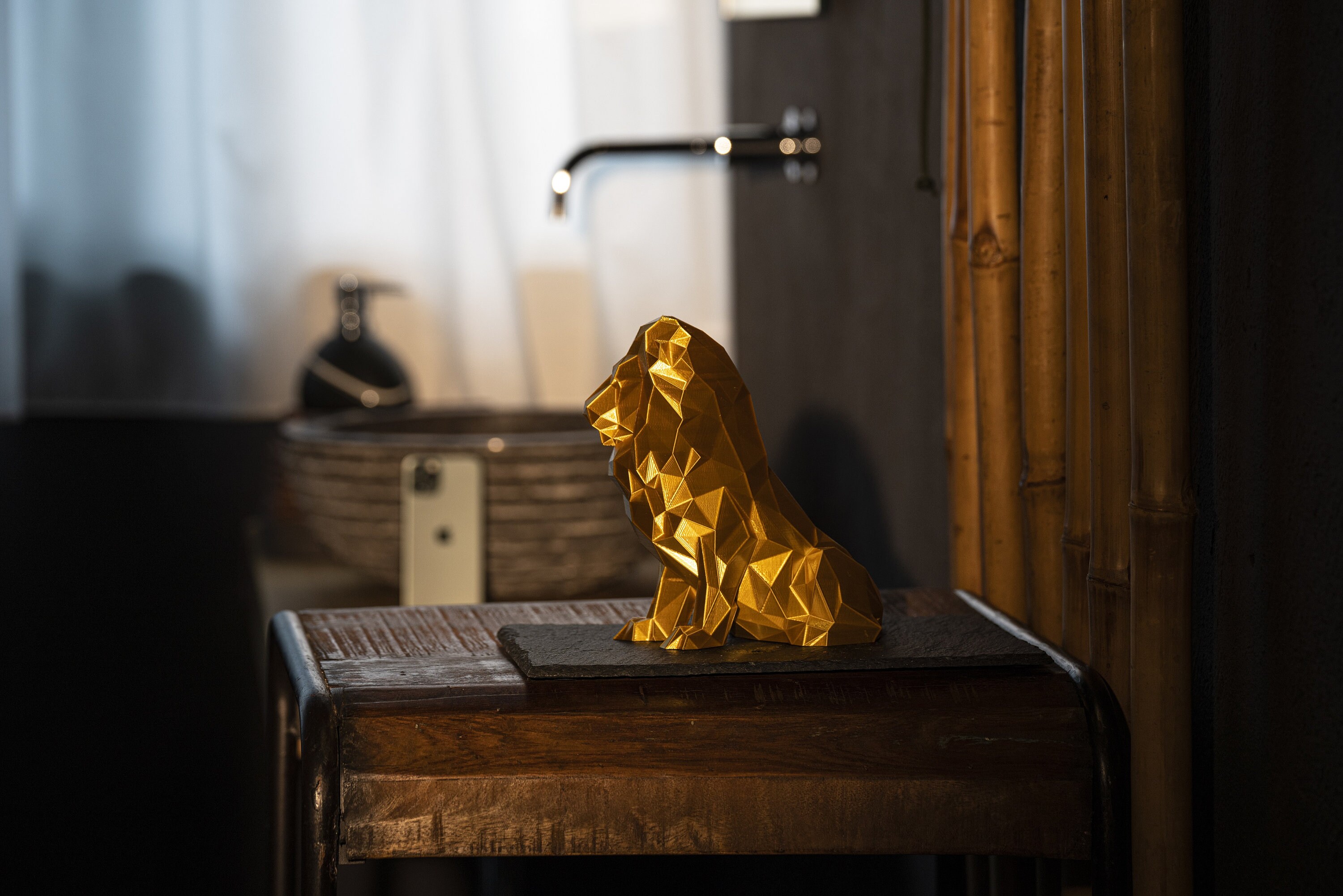 KING: 3D Printed Low Poly Lion Figurine, Golden Polygonal Animal ...