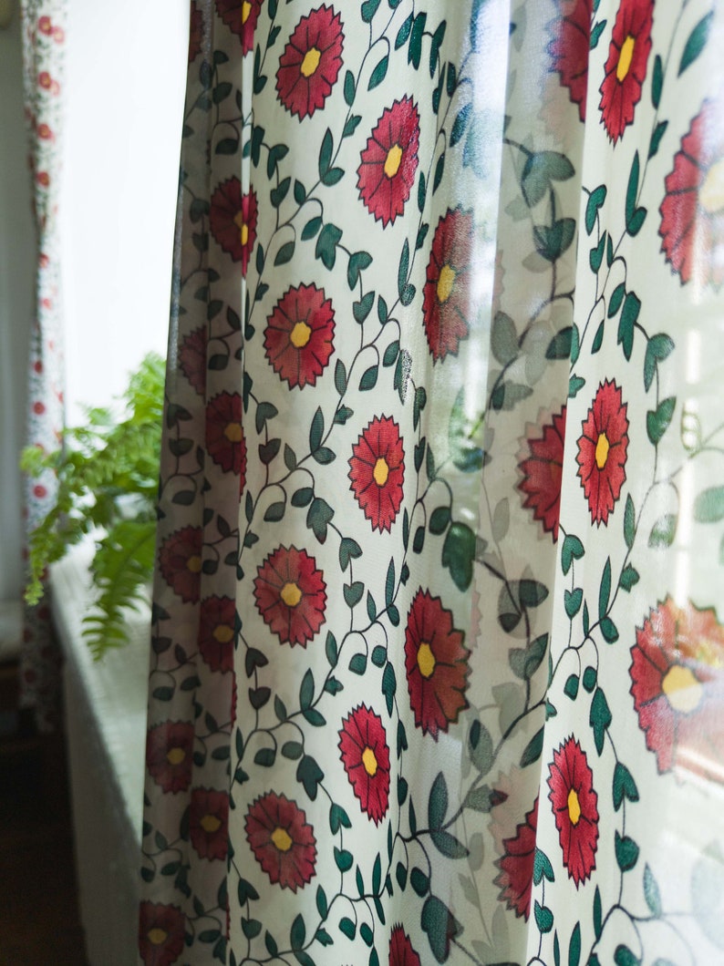 Red Daisies Chiffon Curtains With Curtain Tiebacks, Sheer Floral ...