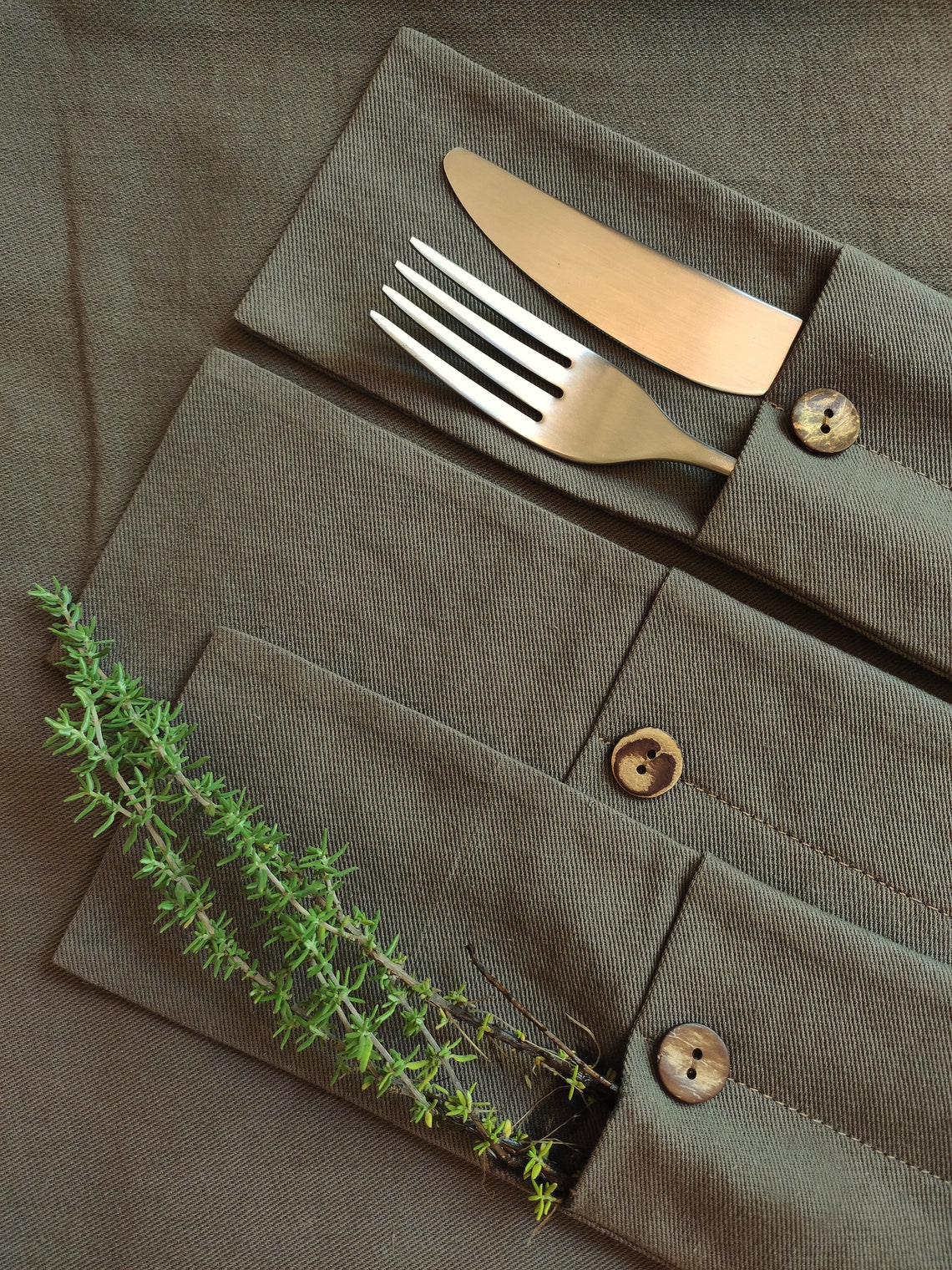 Matt Brown 100% Cotton Сutlery Pocket, Heavy-weight Cotton Silverware ...