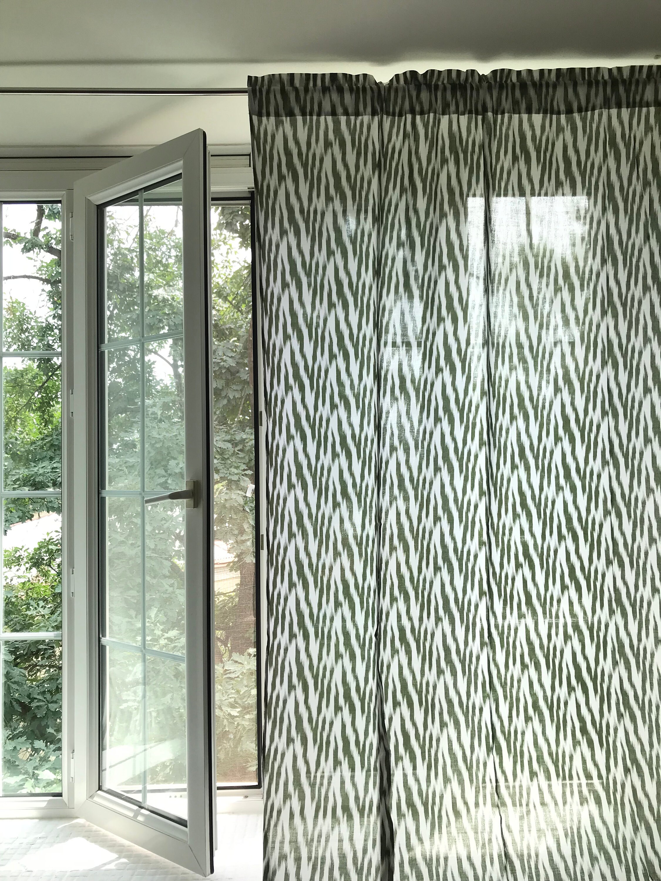 White and Green Cotton Staple Curtains, Two-tone Design Translucent ...