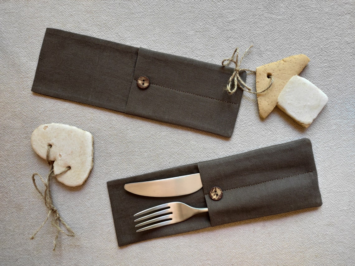 Matt Brown 100% Cotton Сutlery Pocket, Heavy-weight Cotton Silverware ...