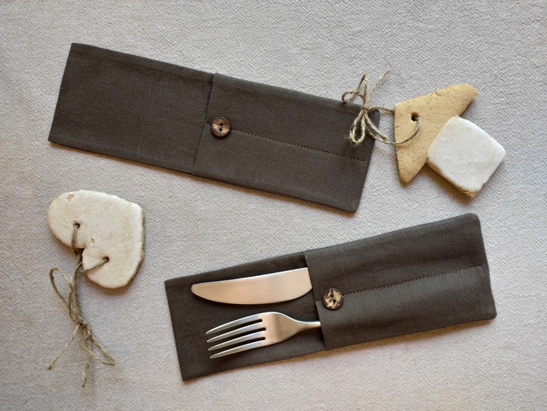 Matt Brown 100% Cotton Сutlery Pocket, Heavy-weight Cotton Silverware ...