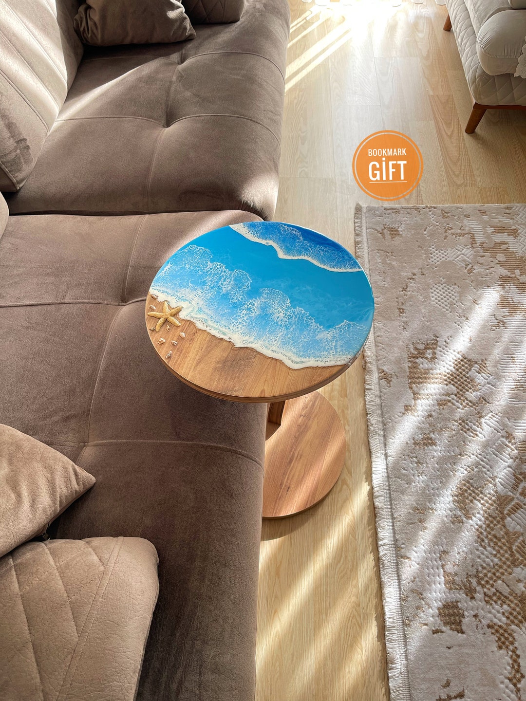 Wheeled Ocean Art Resin Table With Real Starfish Ocean Themed Art Decor ...