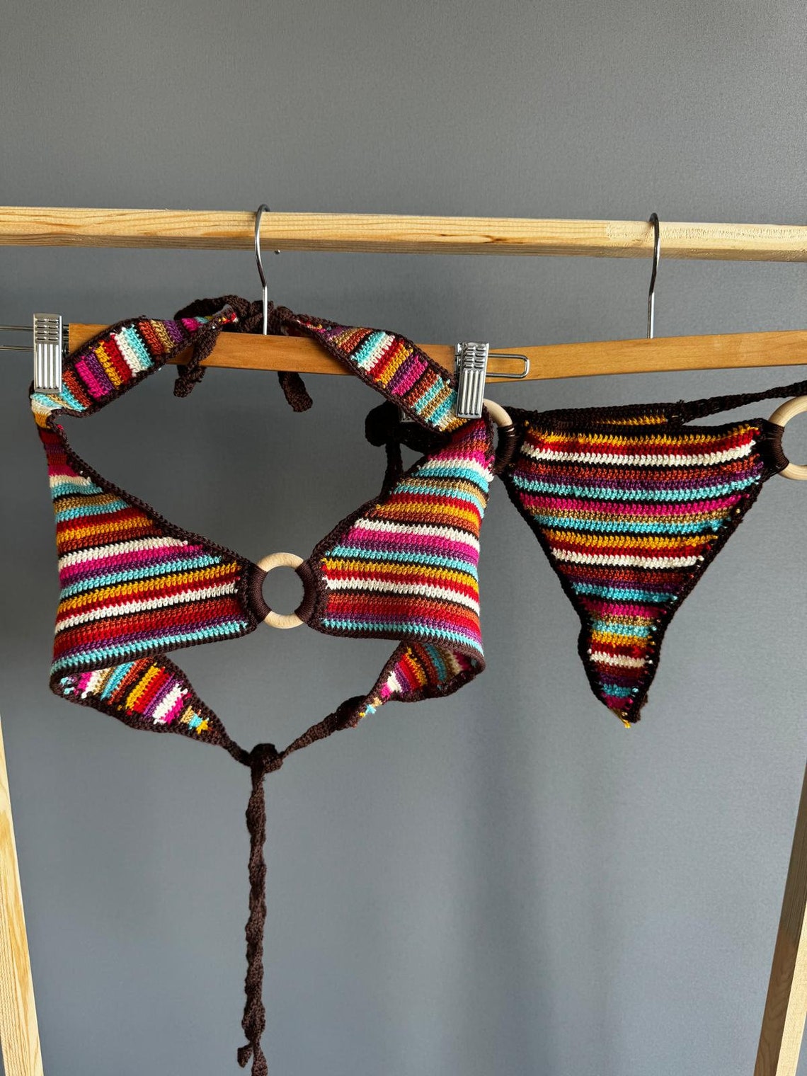 Crochet Brazilian Striped Ring Bikini Set, Boho Hippie Festival Bikini ...