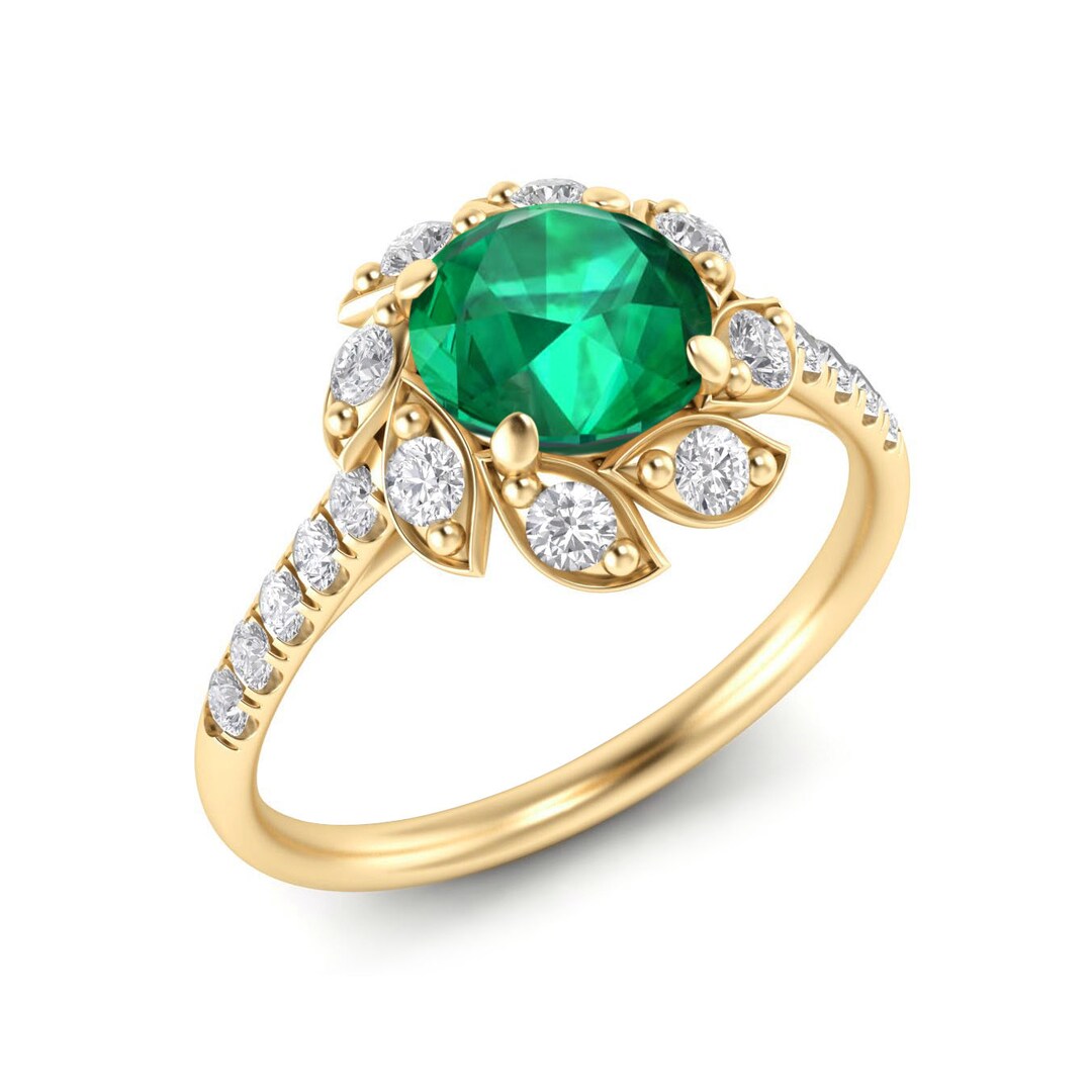 Lab Emerald Floral Engagement Ring Round Emerald Proposal Ring, Vintage ...