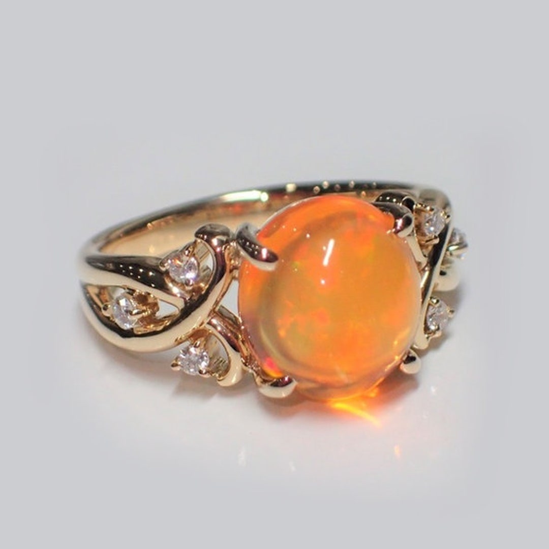 Beautiful Fire Opal Cabochon Women Dainty Engagement Ring 14K Opal Fire ...