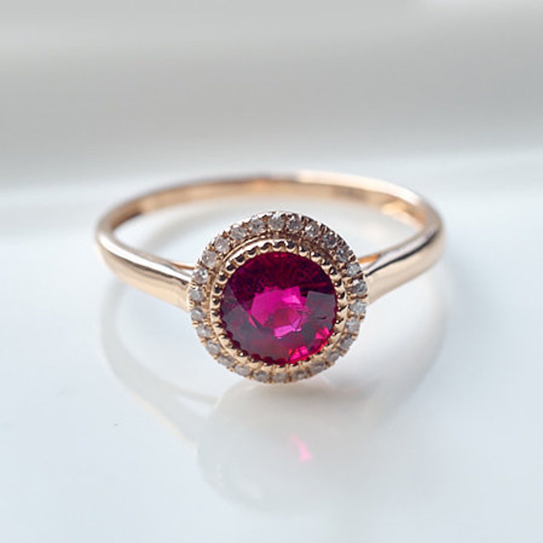 Lab Ruby Solitaire Halo Engagement Ring 9K Gold Edwardian Style Ruby ...