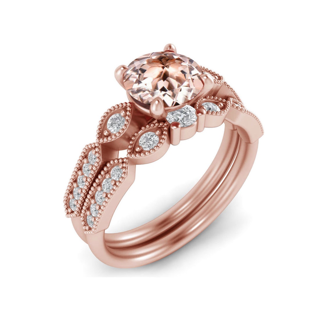 14K Rose Gold Morganite Wedding Set Solitaire Morganite Engagement Ring ...