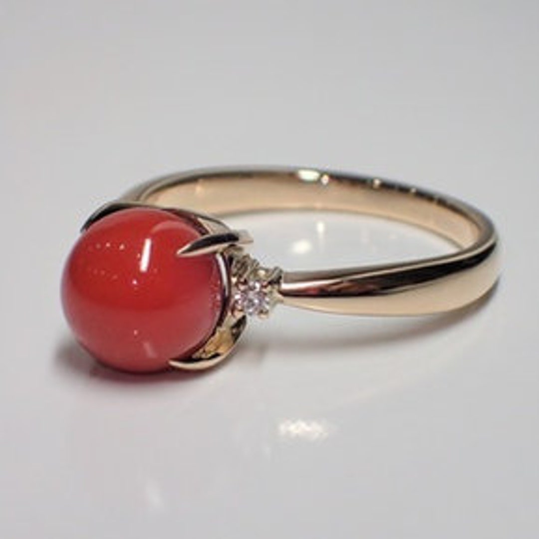 Red Coral, Diamond Trilogy Statement Ring 14K Art Deco Coral Engagement ...