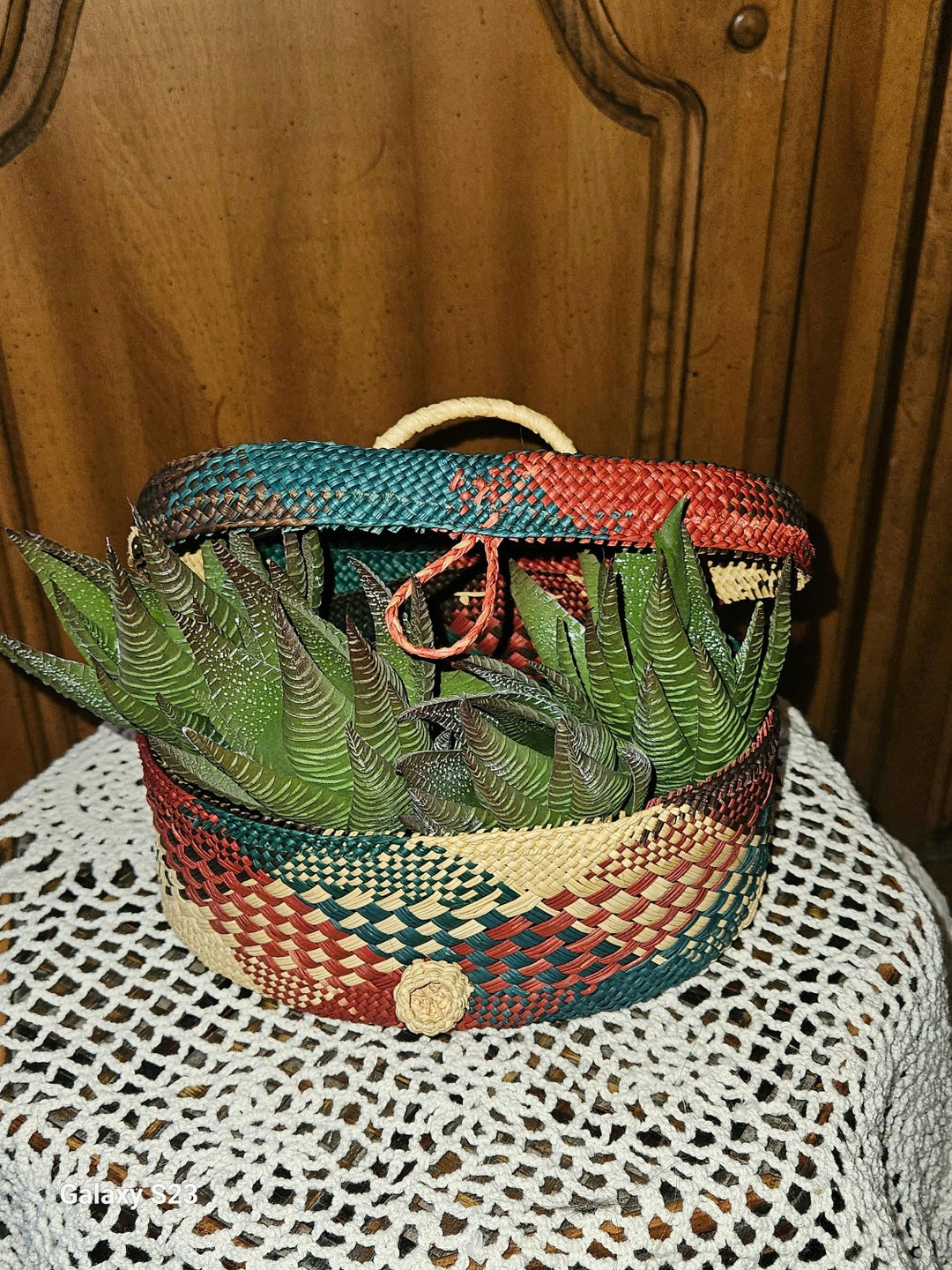 Colorful Woven Lidded Basket. Beautifully Detailed Woven Design With ...