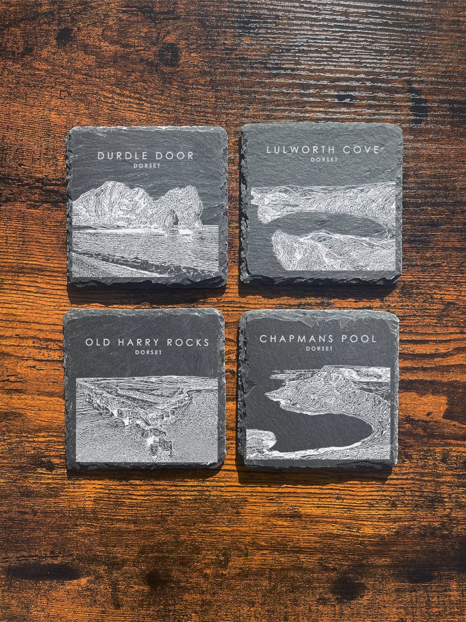 Dorset Set of 4 Slate Coasters, Lulworth Cove, Durdle Door, Old Harry ...