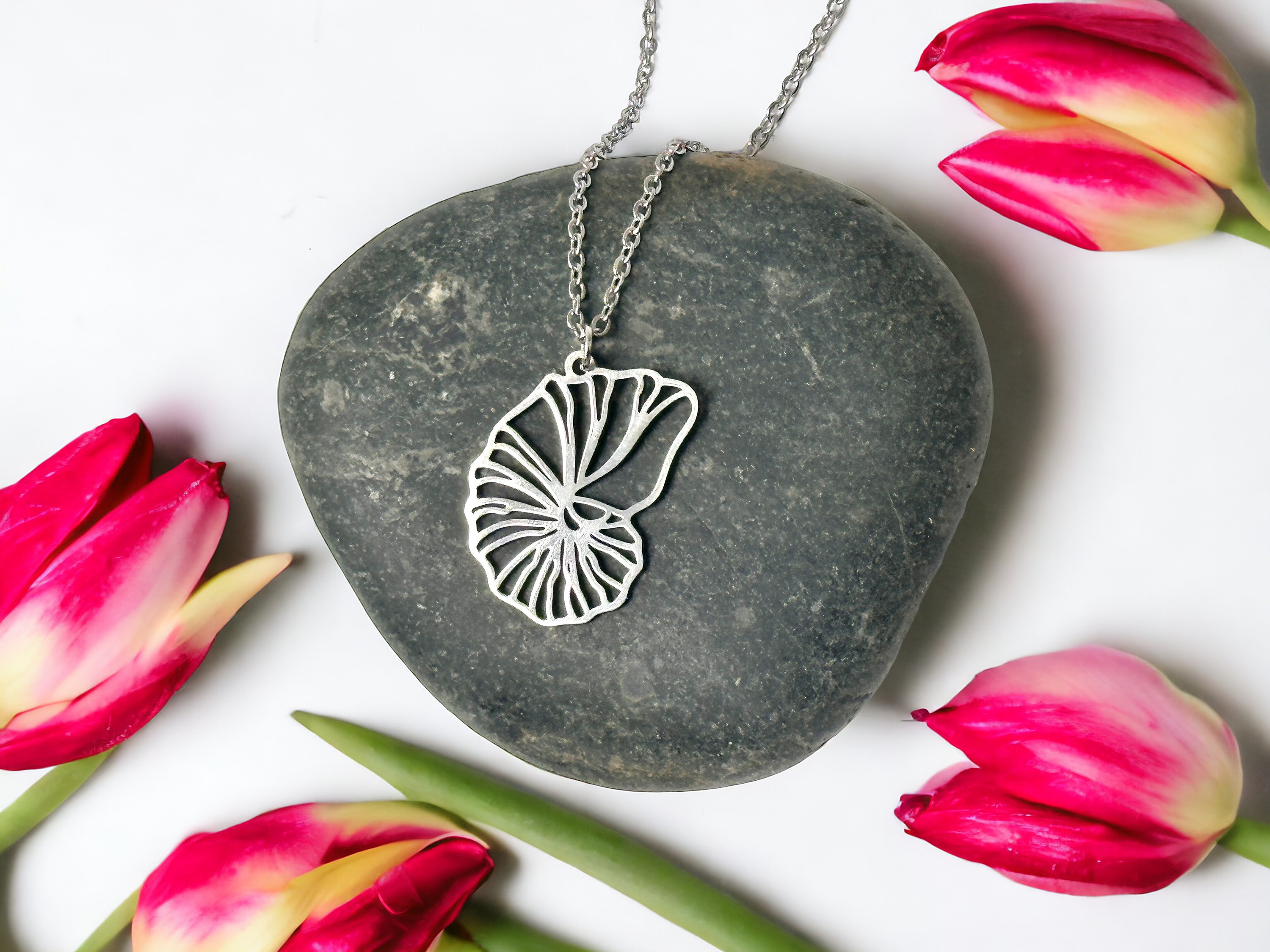 Silver Shell Necklace, Ammonite Fossil Pendant, Beach Jewelry ...