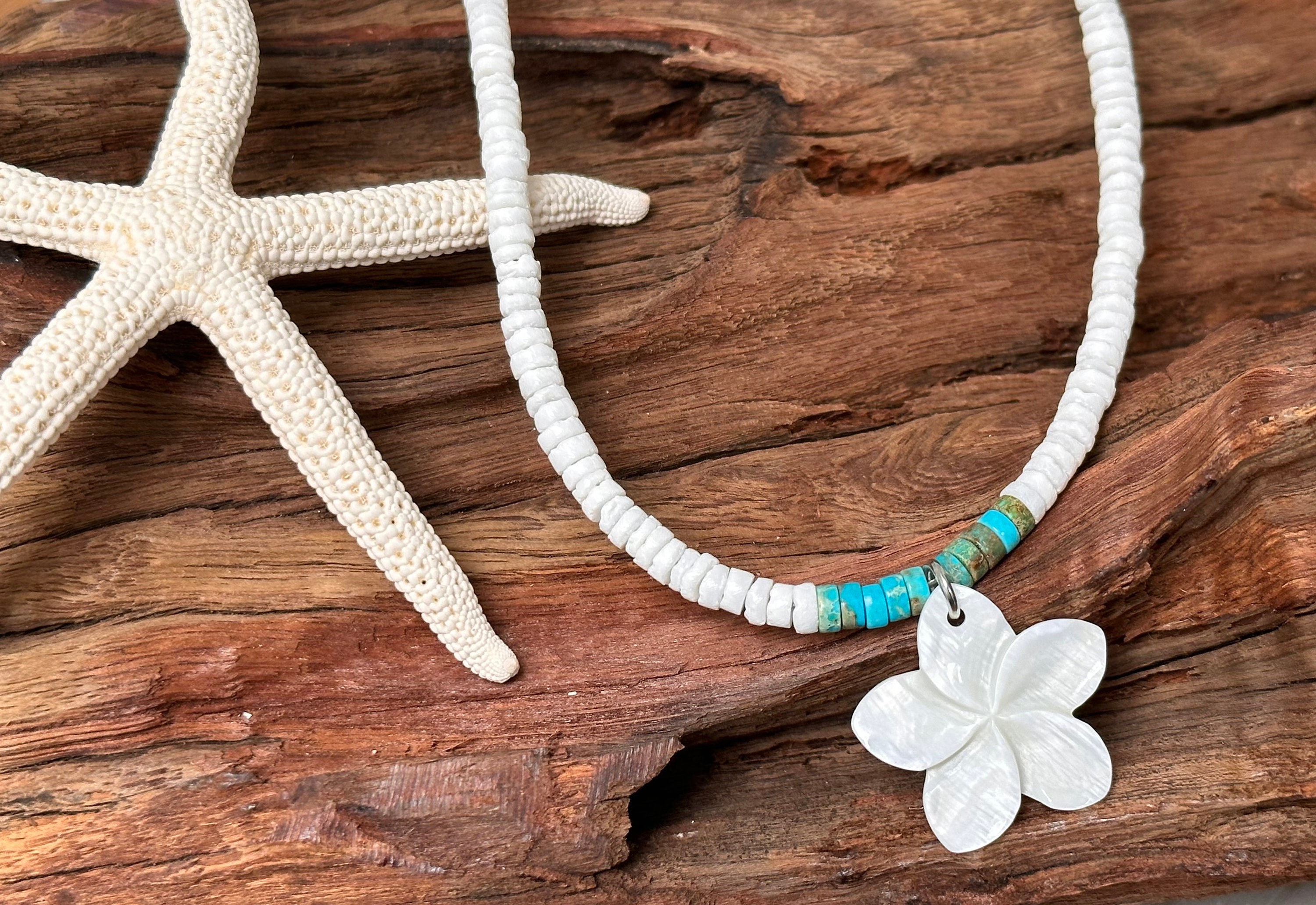 Puka Shell Necklace Plumeria Flower Pendant Surfer - Etsy