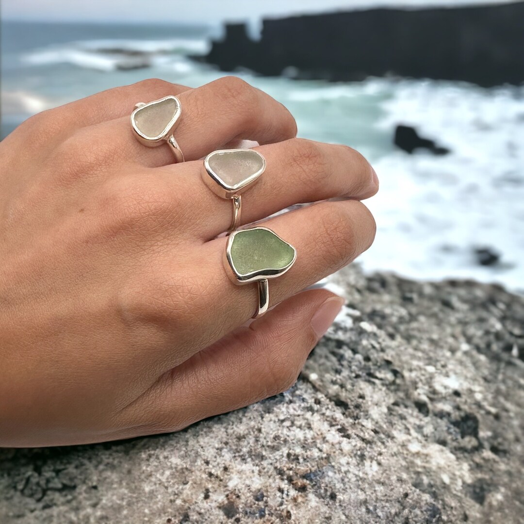 Sea Glass Ring, Sterling Silver Beach Jewelry, Irregular Shaped Glass ...