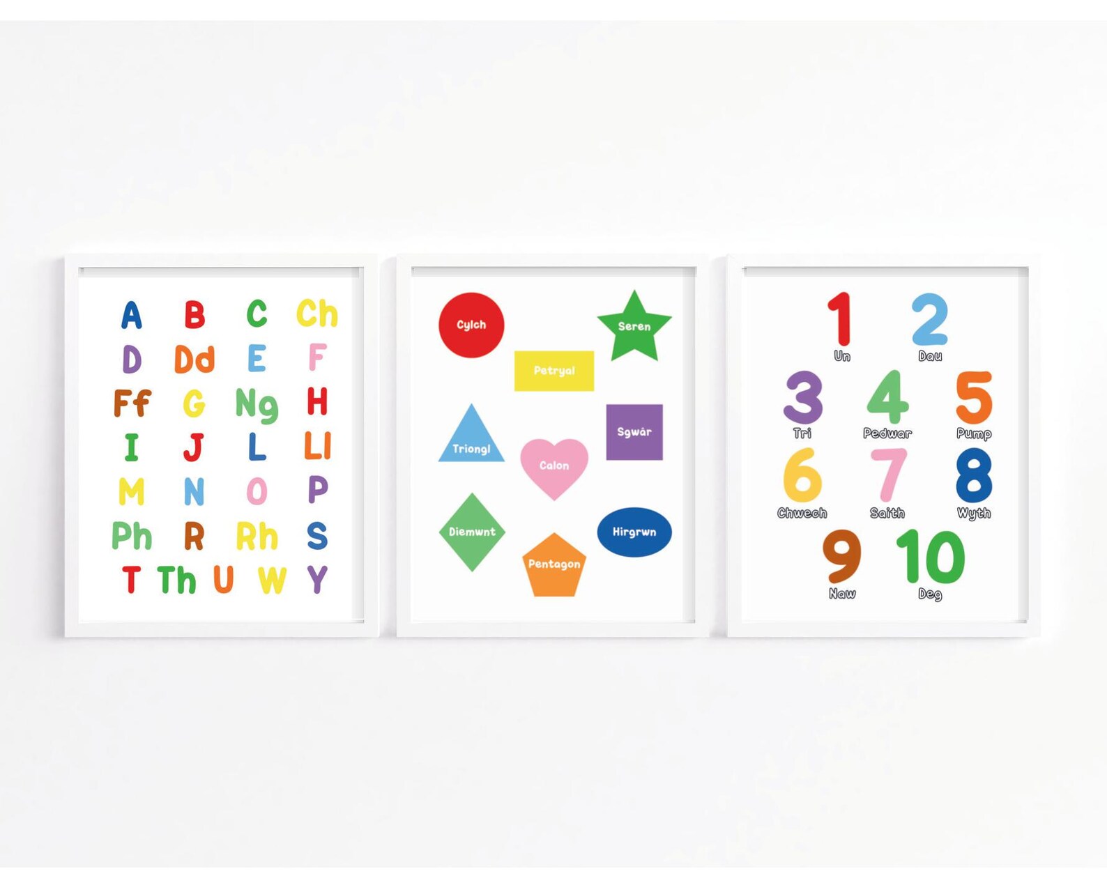 Three Welsh Educational Prints, Alphabet, Numbers and Shapes, Teacher ...