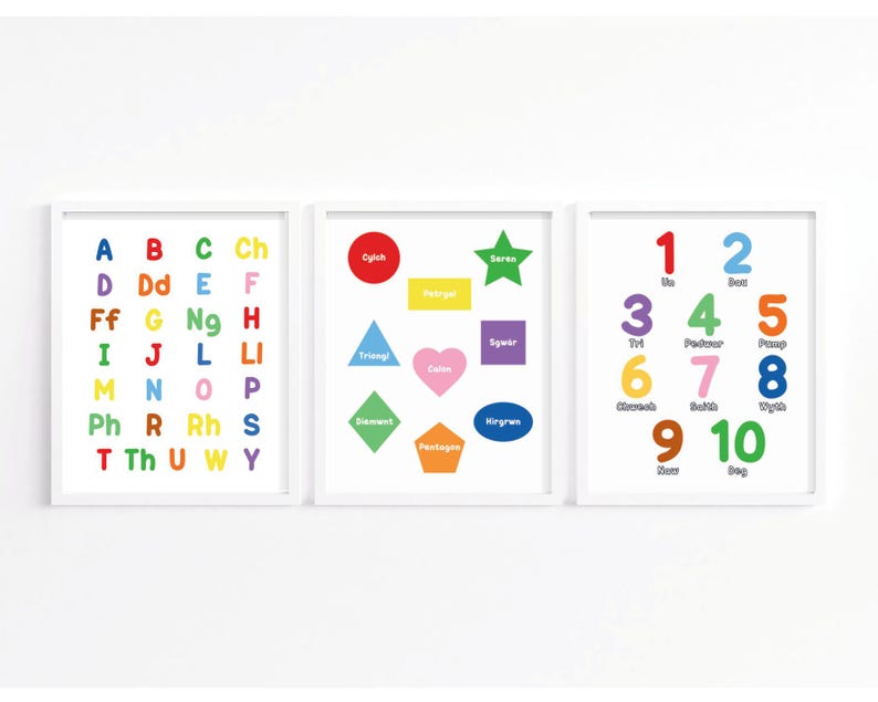 Three Welsh Educational Prints, Alphabet, Numbers and Shapes, Teacher ...
