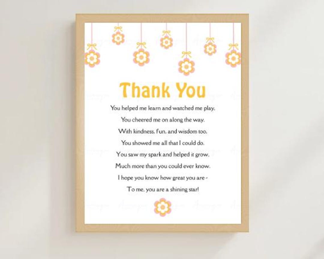 Teacher Gift Printable Thank You Poem Teacher Appreciation Gift End of ...
