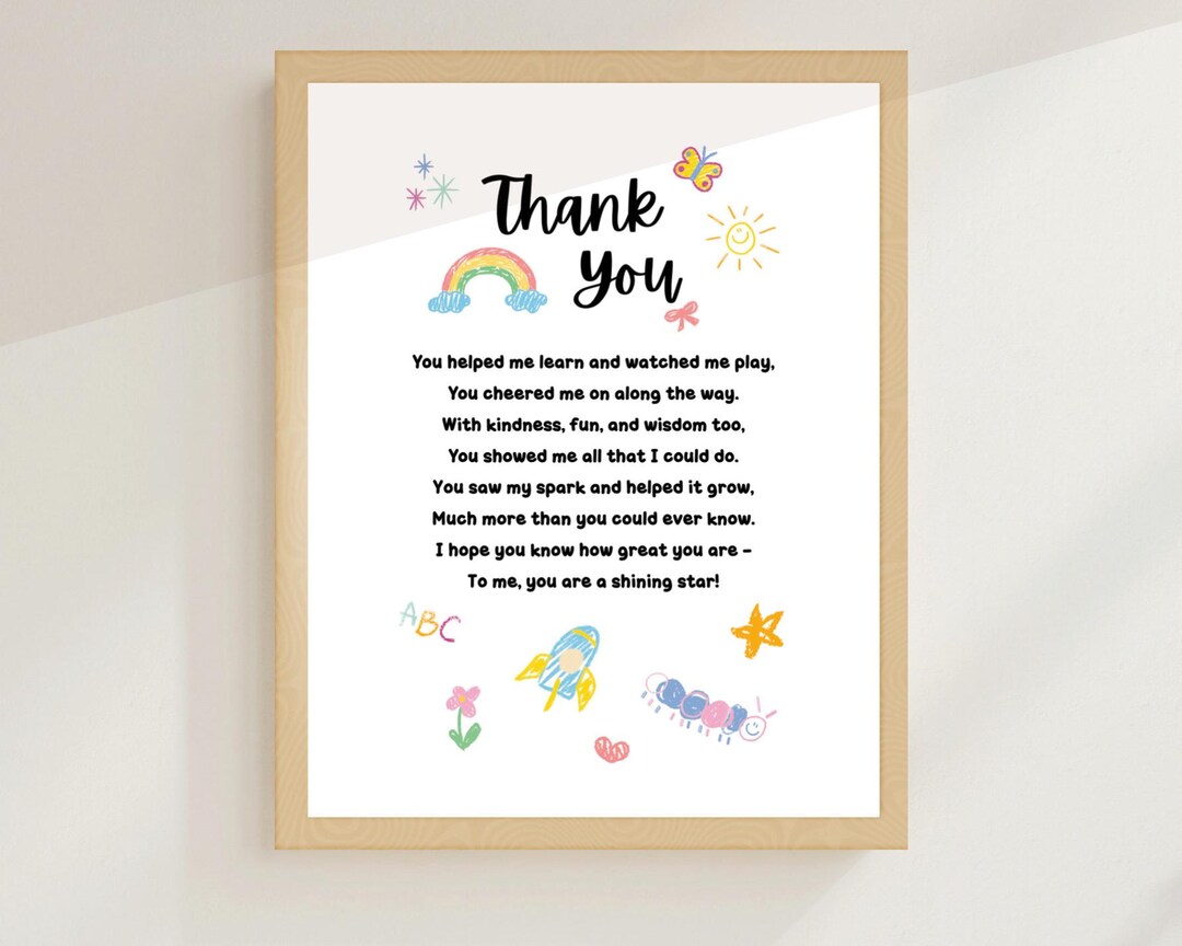 Teacher Gift Printable Thank You Poem Teacher Appreciation Gift End of ...