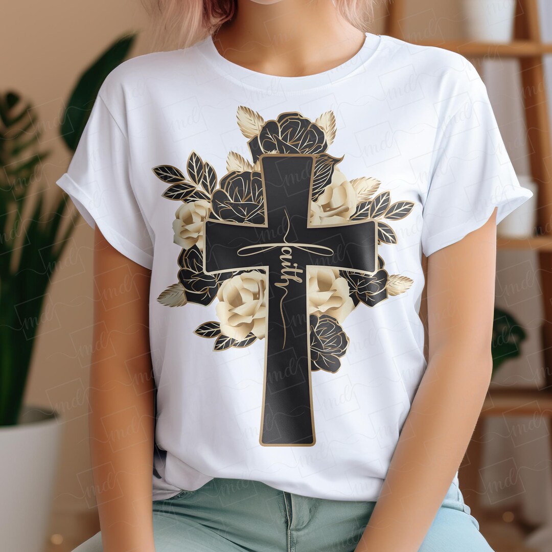 Faith Cross With Black and Gold Roses PNG - Sublimation Clipart ...