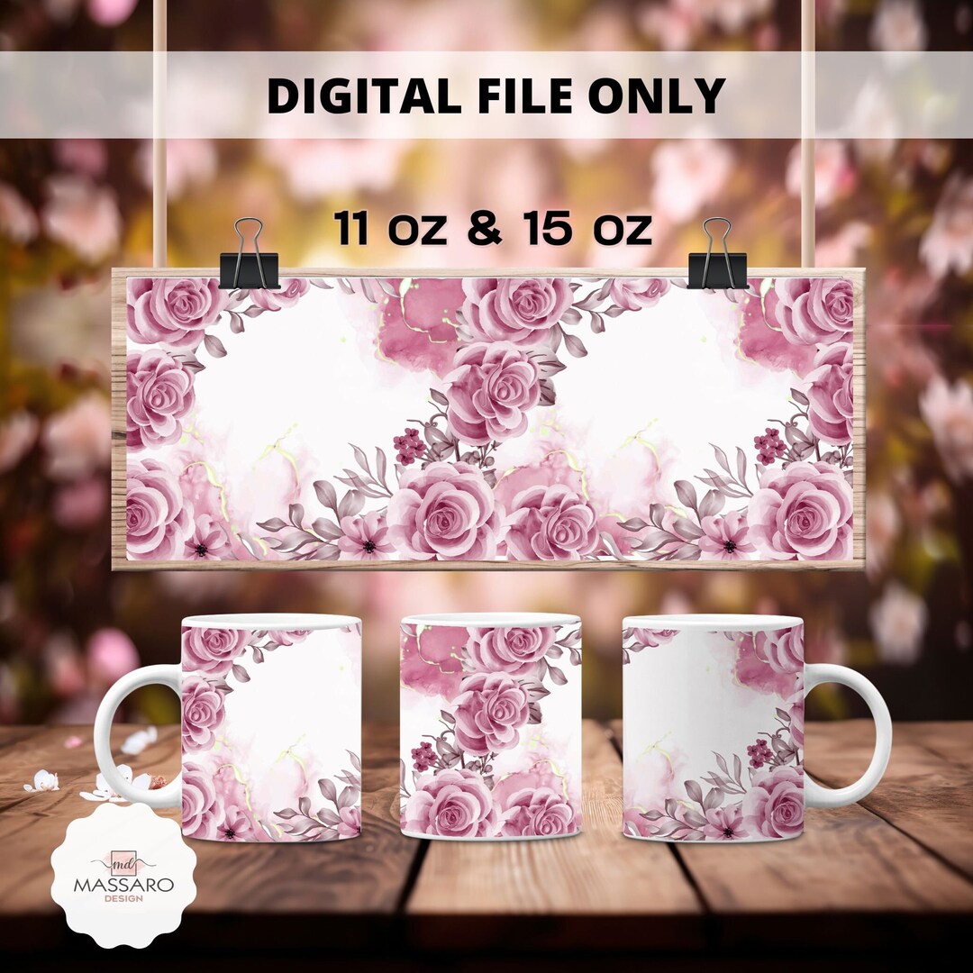 Pink Roses 11 & 15 Oz Mug Wrap - Watercolor Roses Coffee Mug ...