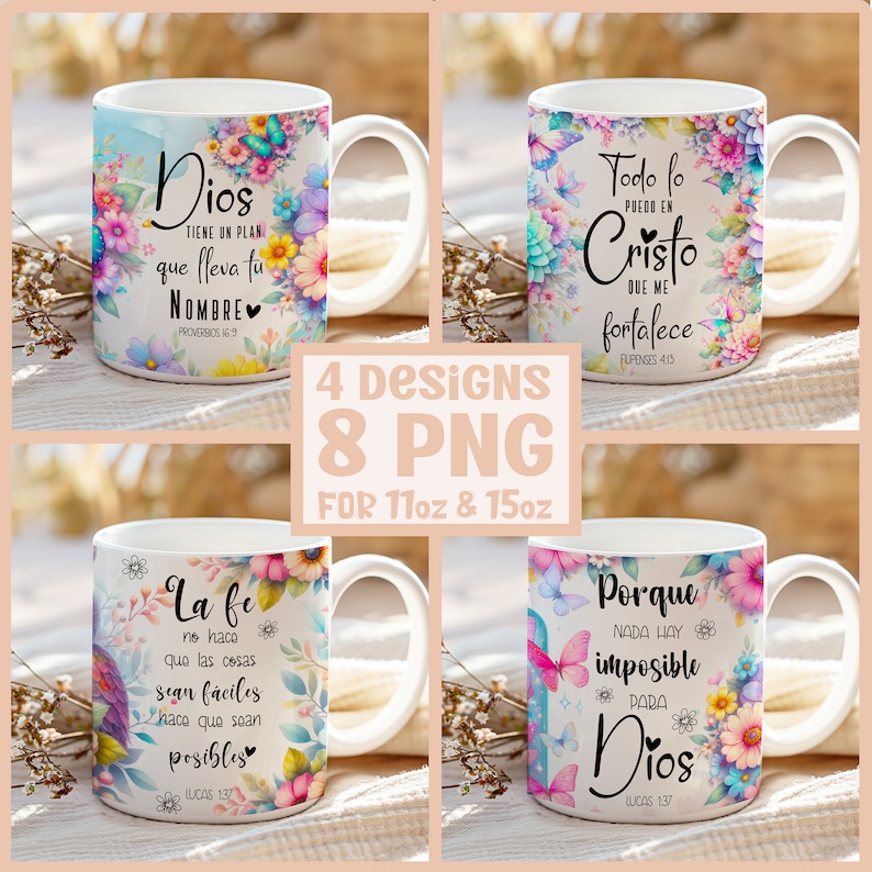 Spanish Bible Verse Mug Wrap: Religious Floral Design (PNG Digital ...