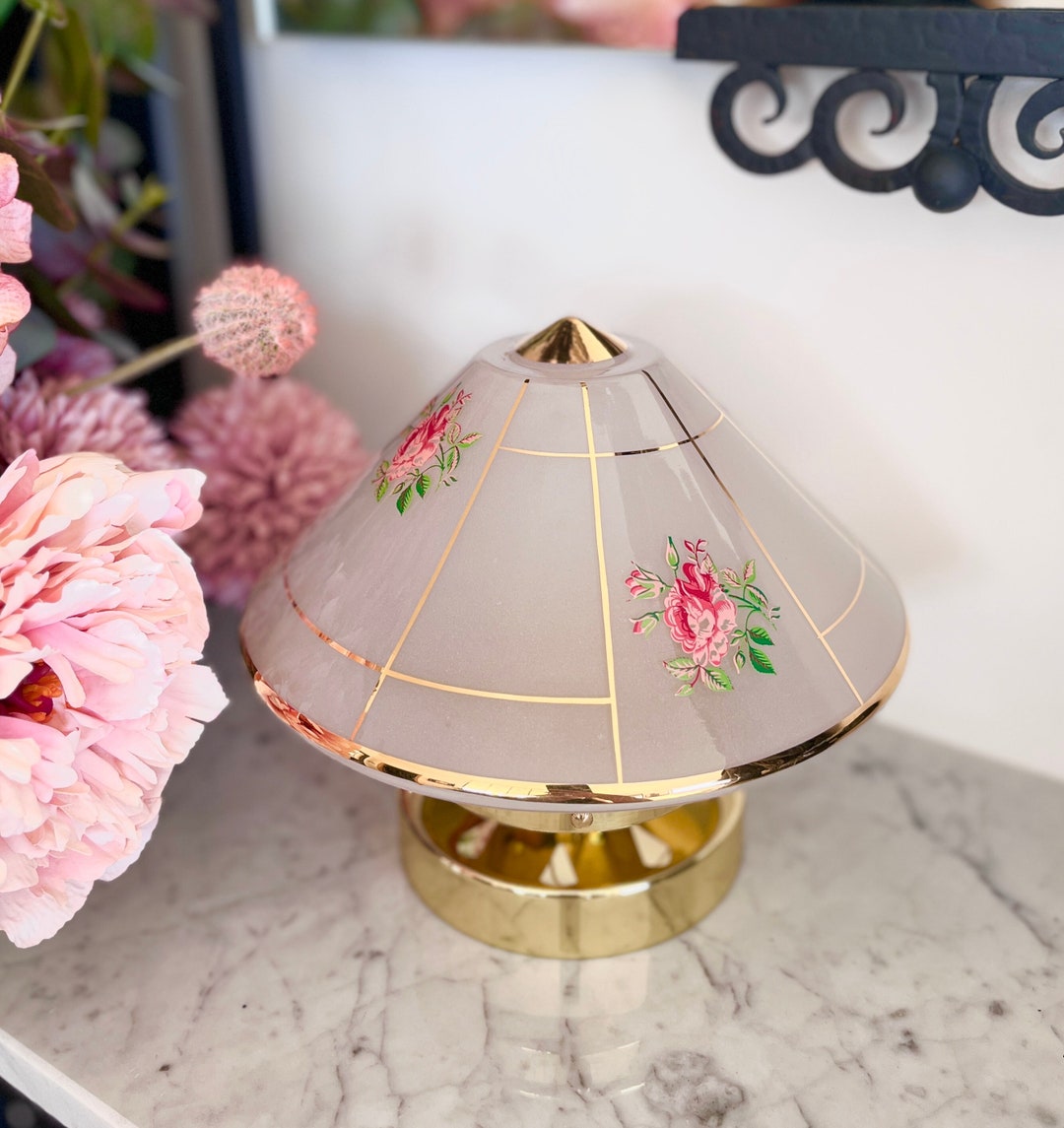 Table Lamp With Its Pyramid Globe and Romantic Flowers, in Frosted ...