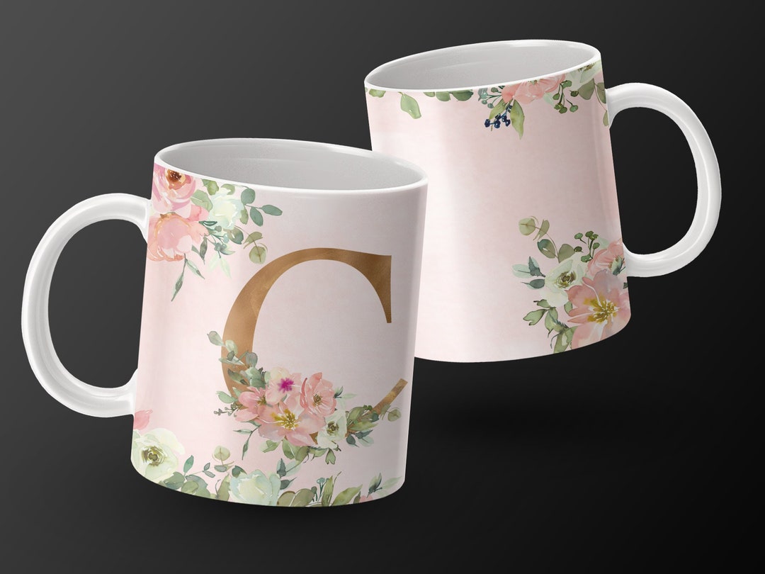 Floral Monogram Letter C Mug, Watercolor Pink Green Initial Coffee Cup ...