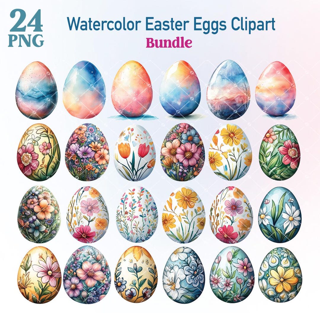 24 Png Floral Easter Egg Clipart, Watercolor Easter Clipart, Eggs ...