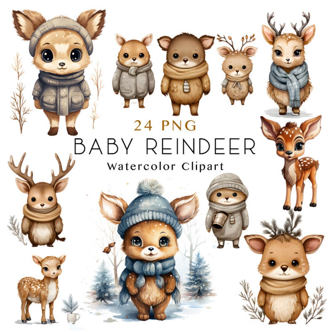 Cute Christmas Reindeer Clipart Bundle, Watercolor Baby Reindeer ...
