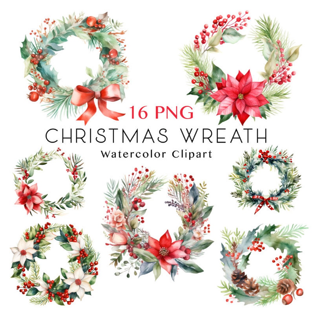 16 Christmas Wreath Clipart Bundle, Watercolor Wreath Clipart, Holiday ...
