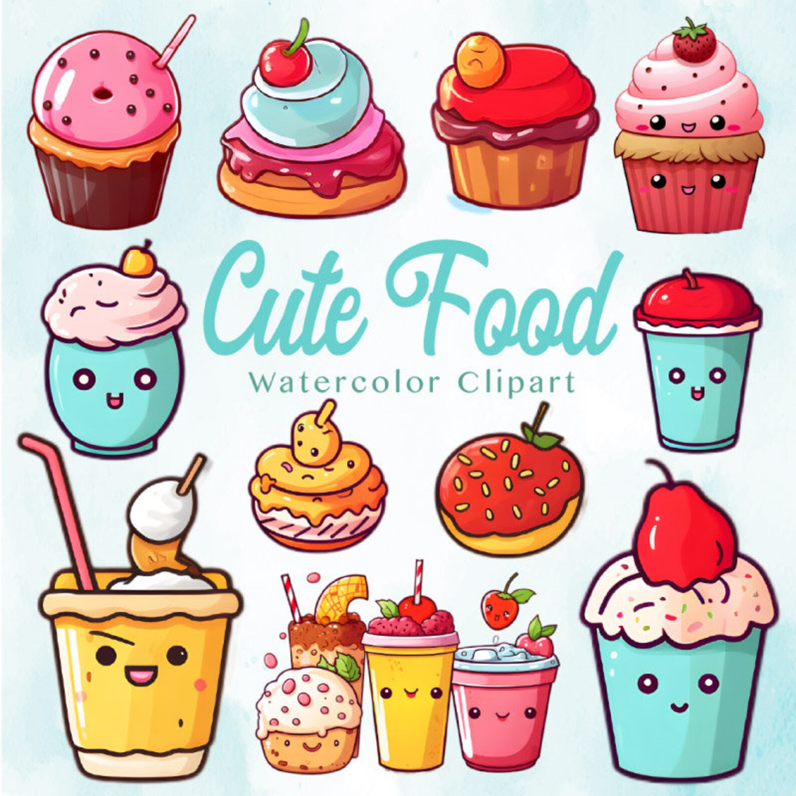 Kawaii Food Clipart, Food Clipart, Cute Kawaii Drinks and Food ...