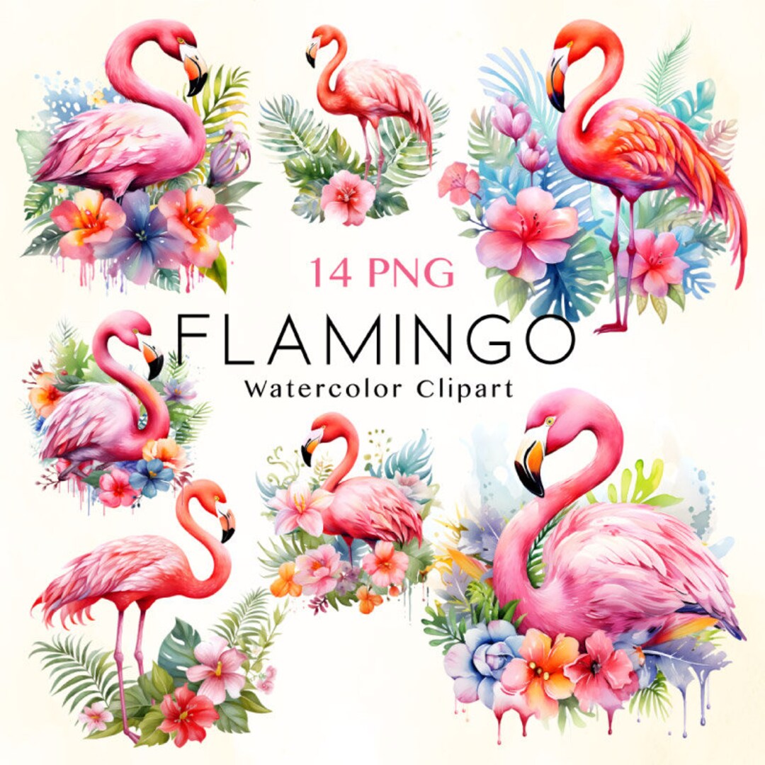 Watercolor Flamingo Clipart, Tropical Birds With Flowers and Leaves in ...