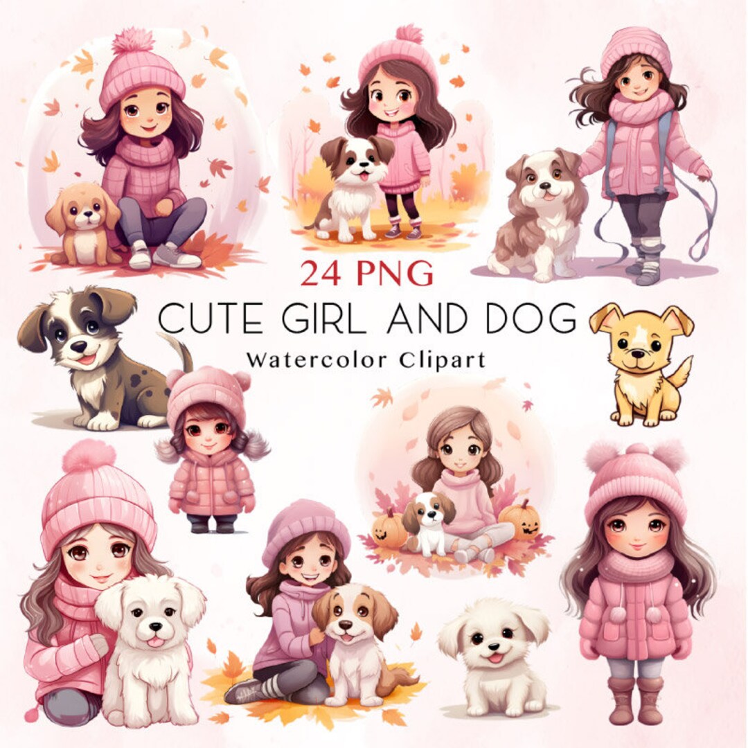 Little Girl With Cute Dog Clipart, Girl With Puppy Clipart, Instant ...