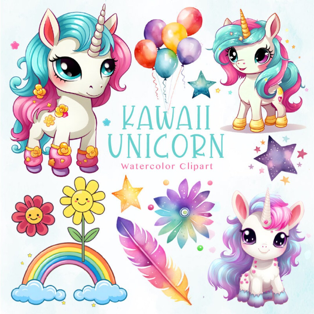 Kawaii Unicorn Clipart - Watercolor Cute Unicorns - Magic Unicorn ...