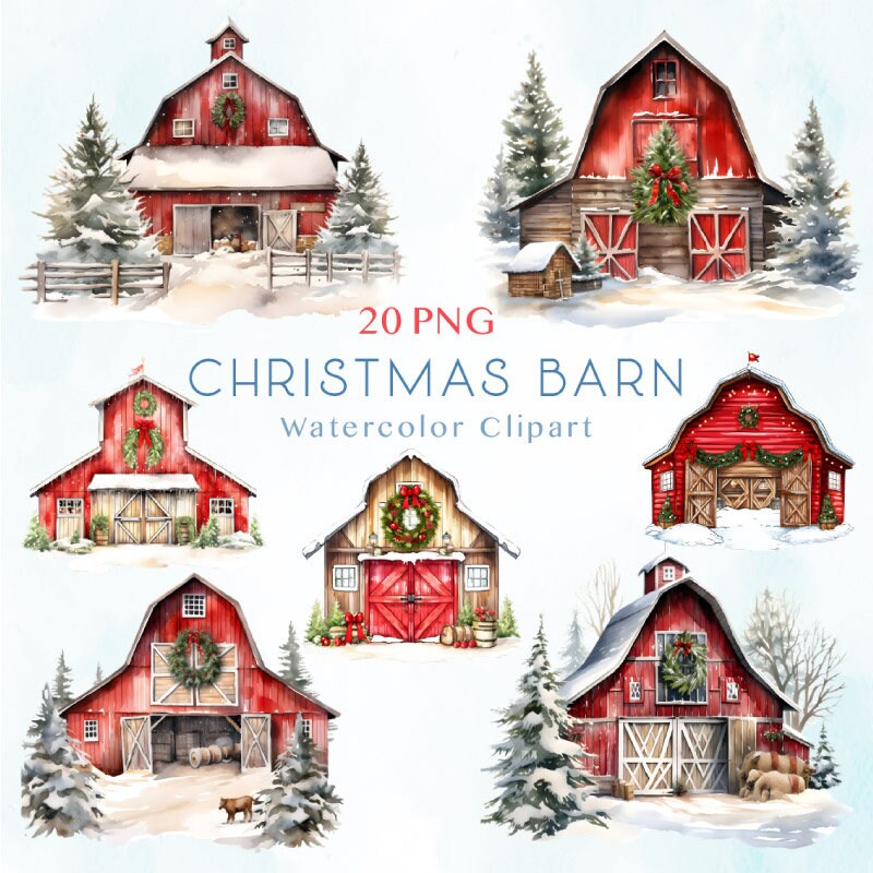 Christmas Barn Clipart, Christmas Clipart, Watercolor Barn Clipart ...