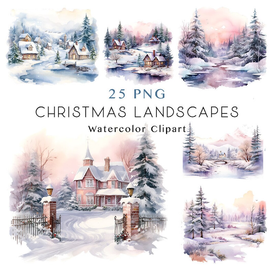 Watercolor Christmas Landscapes Bundle, Watercolor Christmas Winter ...