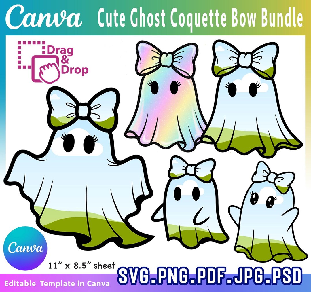 Halloween Ghost Canva Frame Template, Cute Ghost Coquette Bow, Canva ...