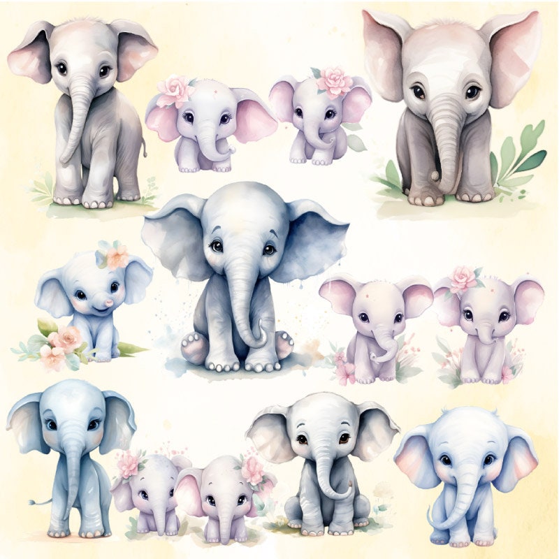 30 Watercolor Baby Elephant Clipart, Baby Elephant Png, Baby Elephant ...