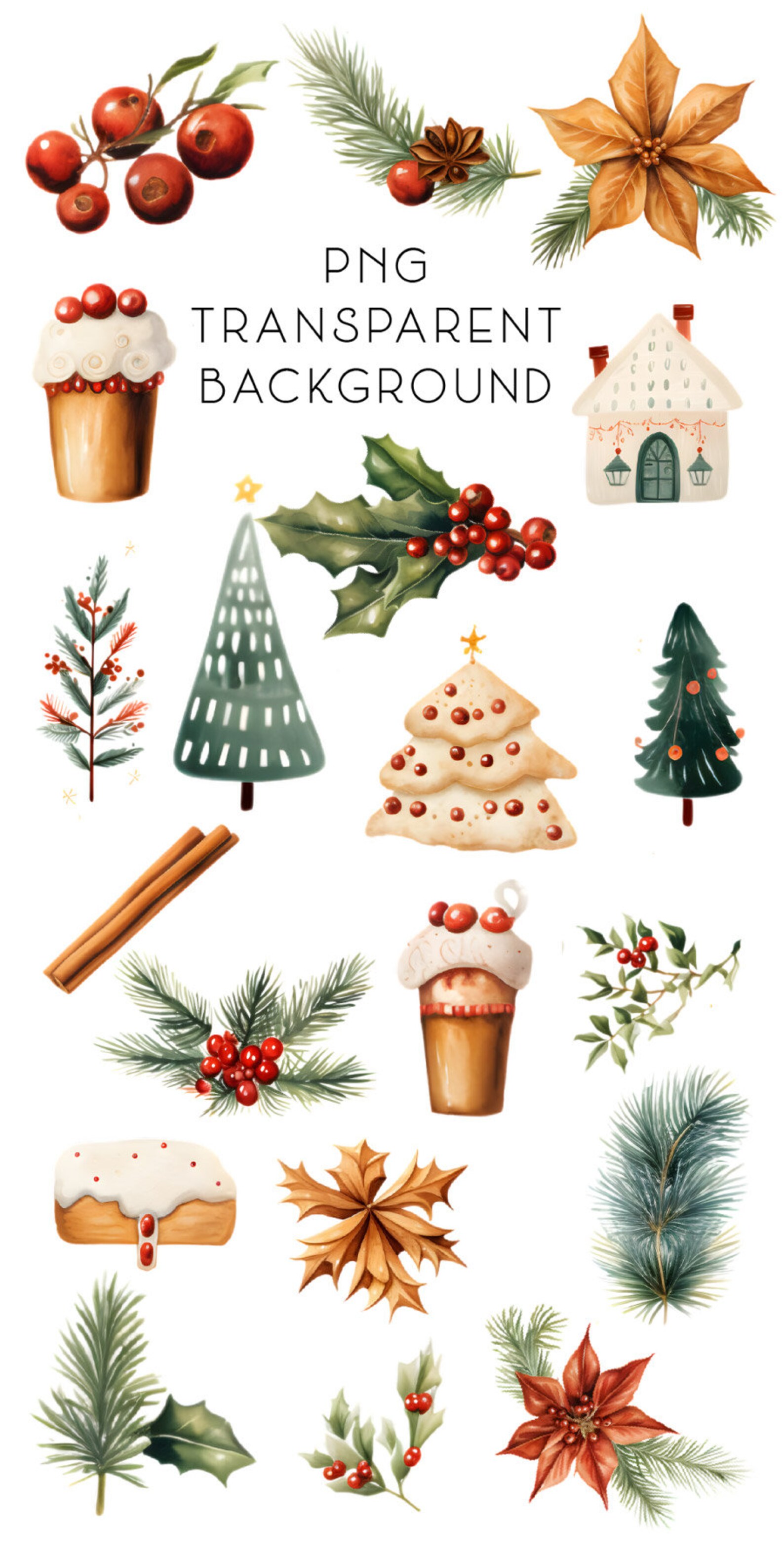 34 Christmas Clipart Elements, Christmas Clipart Watercolor Bundle ...