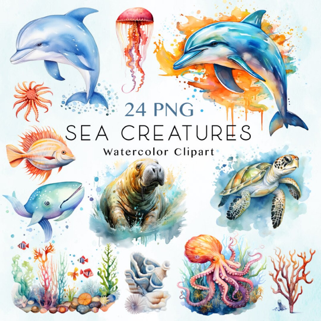 Watercolor Sea Creatures Clipart, Clipart Bundle, Ocean Clipart, Cute ...