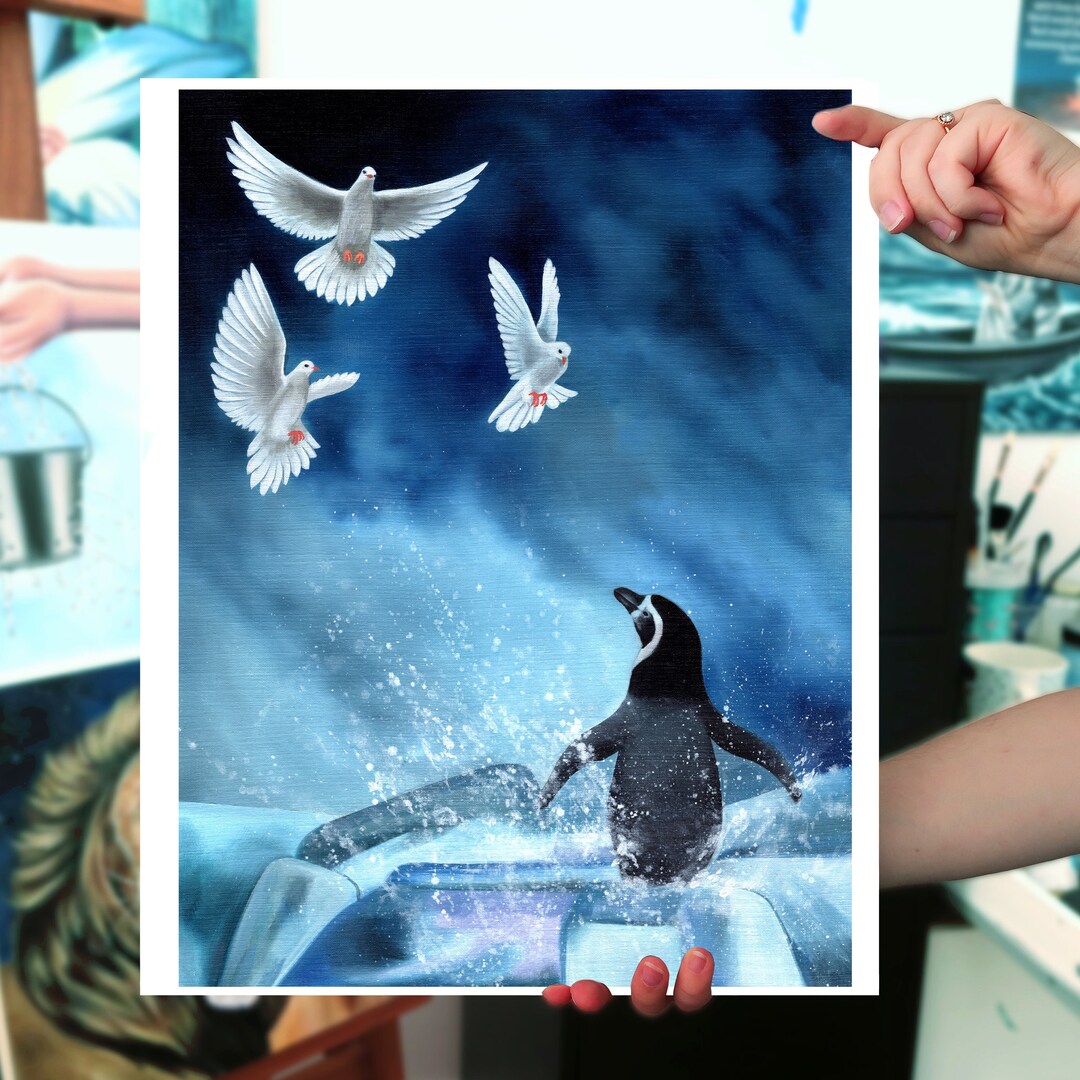Penguin With Doves on Iceberg Art Print | Scripture Inspired Christian ...